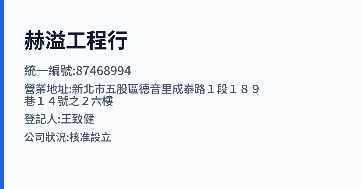 赫溢工程行 - 統編 87468994(新北市) 公司登記資料與營業項目詳細圖表