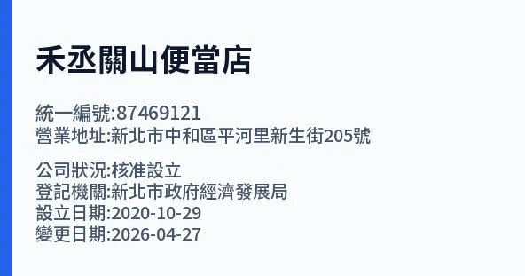 禾丞關山便當店的照片-統編 87469121(新北市) 公司登記資料與營業項目詳細圖表