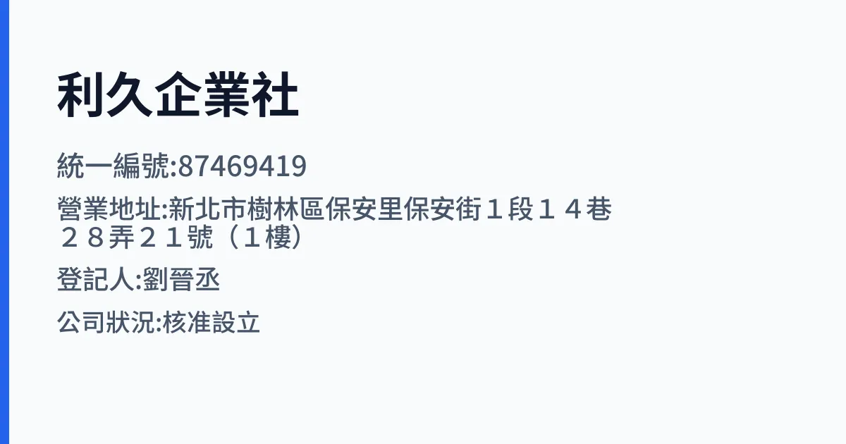 利久企業社 - 統編 87469419(新北市) 公司登記資料與營業項目詳細圖表