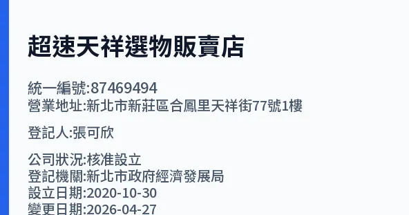 超速天祥選物販賣店的照片-統編 87469494(新北市) 公司登記資料與營業項目詳細圖表