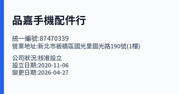 品嘉手機配件行的照片-統編 87470339(新北市) 公司登記資料與營業項目詳細圖表