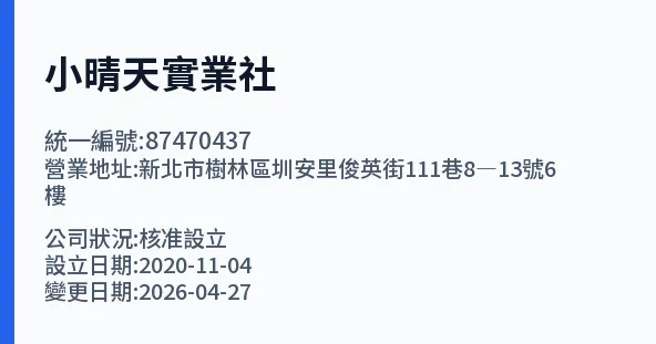 小晴天實業社的照片-統編 87470437(新北市) 公司登記資料與營業項目詳細圖表