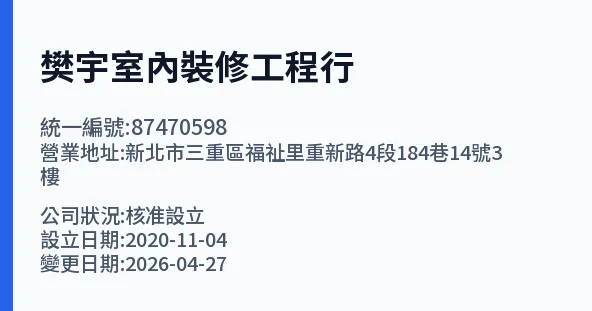 樊宇室內裝修工程行的照片-統編 87470598(新北市) 公司登記資料與營業項目詳細圖表
