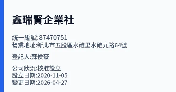 鑫瑞賢企業社的照片-統編 87470751(新北市) 公司登記資料與營業項目詳細圖表