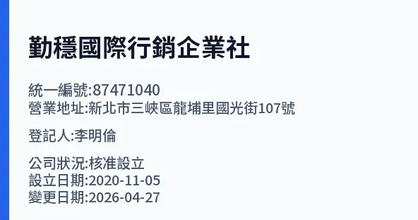 勤穩國際行銷企業社的照片-統編 87471040(新北市) 公司登記資料與營業項目詳細圖表