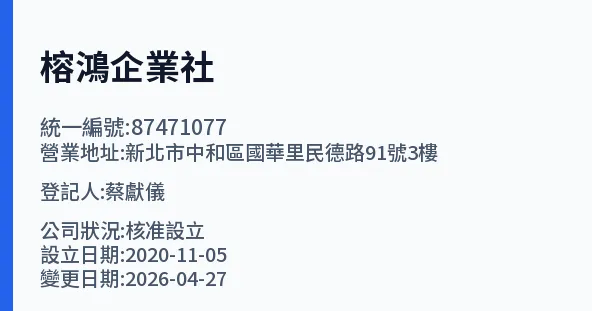 榕鴻企業社的照片-統編 87471077(新北市) 公司登記資料與營業項目詳細圖表