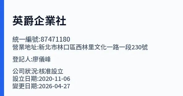 英爵企業社的照片-統編 87471180(新北市) 公司登記資料與營業項目詳細圖表