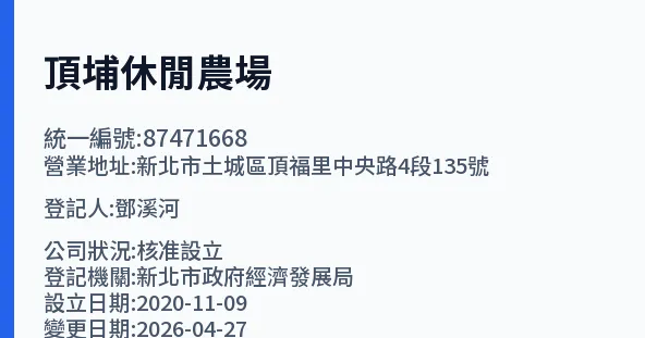 頂埔休閒農場的照片-統編 87471668(新北市) 公司登記資料與營業項目詳細圖表