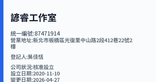 諺睿工作室的照片-統編 87471914(新北市) 公司登記資料與營業項目詳細圖表