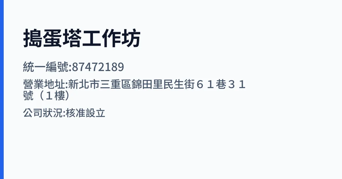 搗蛋塔工作坊 - 統編 87472189（新北市） 公司登記資料與營業項目詳細圖表