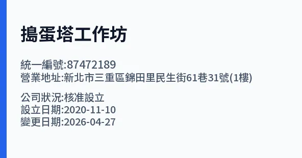 搗蛋塔工作坊的照片-統編 87472189(新北市) 公司登記資料與營業項目詳細圖表