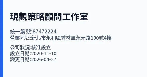 現觀策略顧問工作室的照片-統編 87472224(新北市) 公司登記資料與營業項目詳細圖表