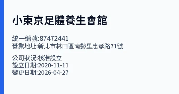 小東京足體養生會館的照片-統編 87472441(新北市) 公司登記資料與營業項目詳細圖表