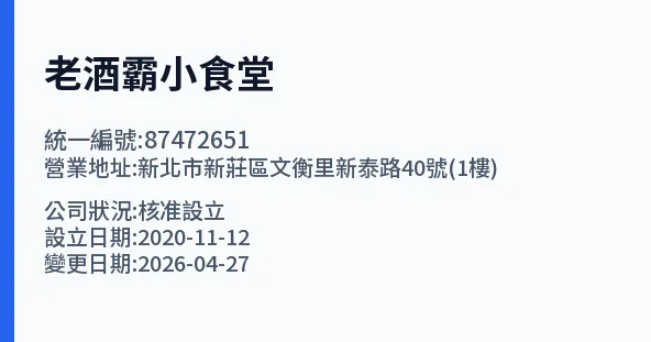 老酒霸小食堂的照片-統編 87472651(新北市) 公司登記資料與營業項目詳細圖表