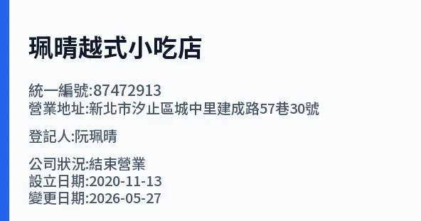 珮晴越式小吃店的照片-統編 87472913(新北市) 公司登記資料與營業項目詳細圖表