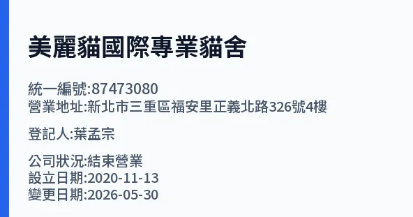 美麗貓國際專業貓舍的照片-統編 87473080(新北市) 公司登記資料與營業項目詳細圖表