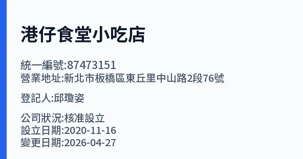 港仔食堂小吃店的照片-統編 87473151(新北市) 公司登記資料與營業項目詳細圖表