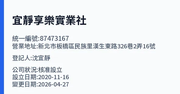 宜靜享樂實業社的照片-統編 87473167(新北市) 公司登記資料與營業項目詳細圖表