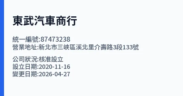 東武汽車商行的照片-統編 87473238(新北市) 公司登記資料與營業項目詳細圖表
