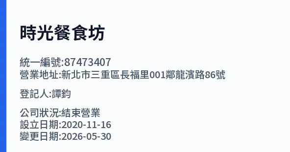 時光餐食坊的照片-統編 87473407(新北市) 公司登記資料與營業項目詳細圖表