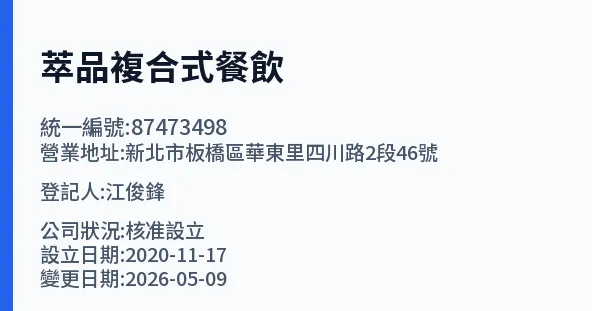 萃品複合式餐飲的照片-統編 87473498(新北市) 公司登記資料與營業項目詳細圖表