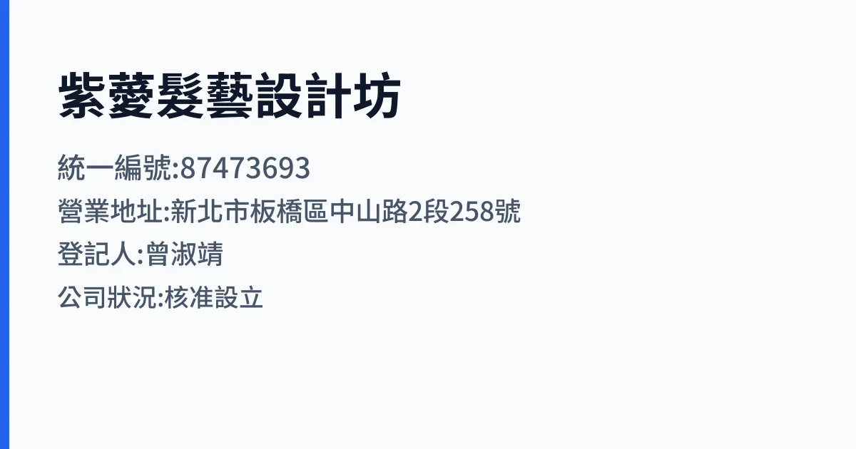 紫薆髮藝設計坊 - 統編 87473693(新北市) 公司登記資料與營業項目詳細圖表