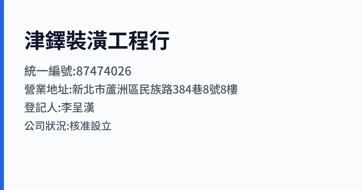 津鐸裝潢工程行 - 統編 87474026(新北市) 公司登記資料與營業項目詳細圖表
