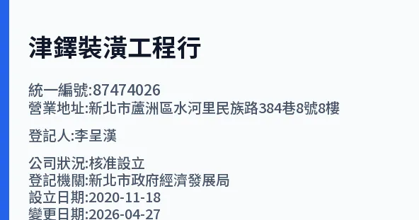 津鐸裝潢工程行的照片-統編 87474026(新北市) 公司登記資料與營業項目詳細圖表