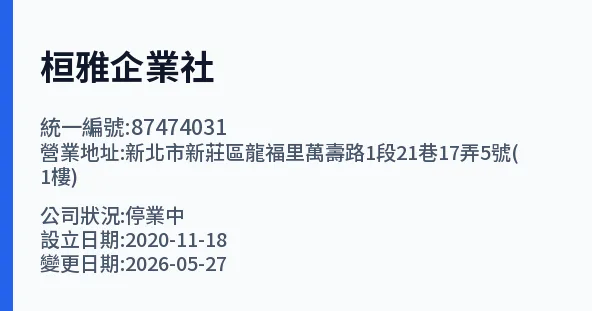 桓雅企業社的照片-統編 87474031(新北市) 公司登記資料與營業項目詳細圖表