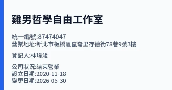雞男哲學自由工作室的照片-統編 87474047(新北市) 公司登記資料與營業項目詳細圖表