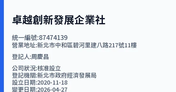 卓越創新發展企業社的照片-統編 87474139(新北市) 公司登記資料與營業項目詳細圖表