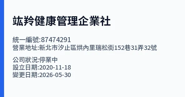 竑羚健康管理企業社的照片-統編 87474291(新北市) 公司登記資料與營業項目詳細圖表