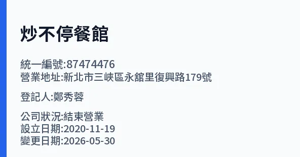 炒不停餐館的照片-統編 87474476(新北市) 公司登記資料與營業項目詳細圖表