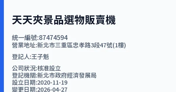 天天夾景品選物販賣機的照片-統編 87474594(新北市) 公司登記資料與營業項目詳細圖表