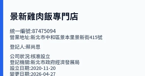 景新雞肉飯專門店的照片-統編 87475094(新北市) 公司登記資料與營業項目詳細圖表