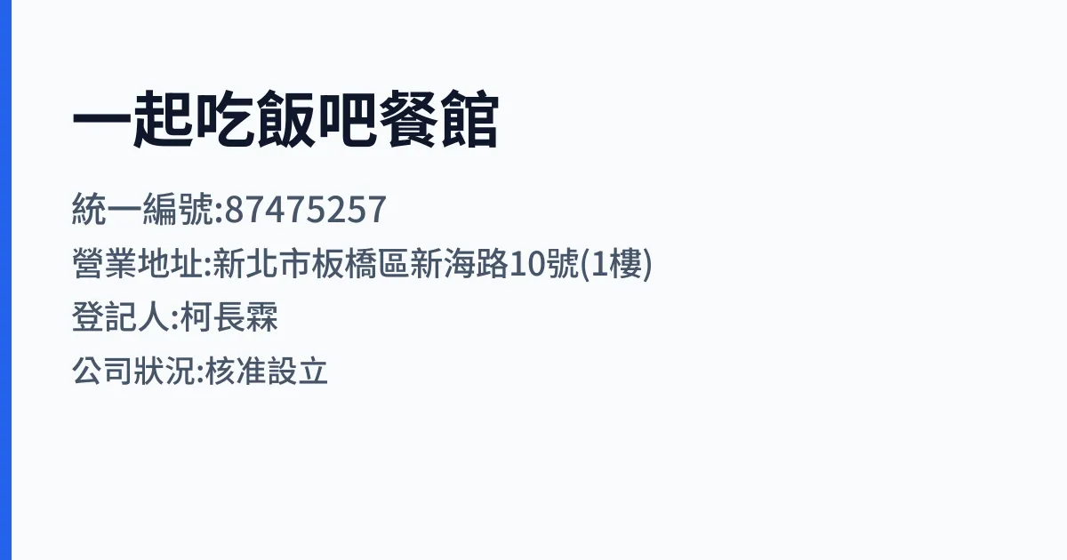 一起吃飯吧餐館 - 統編 87475257(新北市) 公司登記資料與營業項目詳細圖表