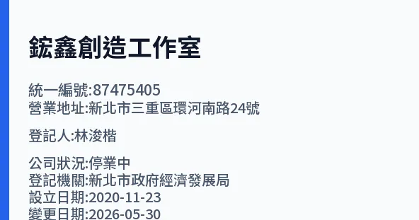 鋐鑫創造工作室的照片-統編 87475405(新北市) 公司登記資料與營業項目詳細圖表