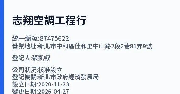 志翔空調工程行的照片-統編 87475622(新北市) 公司登記資料與營業項目詳細圖表
