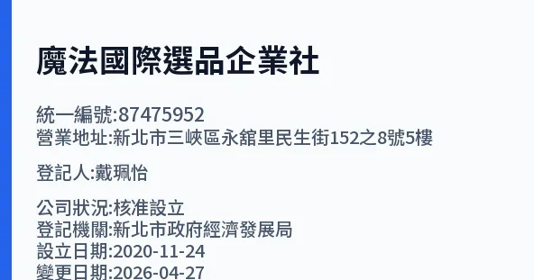 魔法國際選品企業社的照片-統編 87475952(新北市) 公司登記資料與營業項目詳細圖表