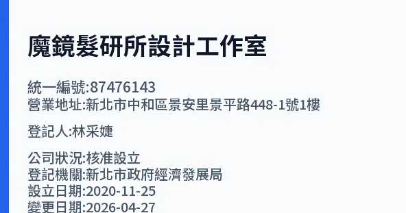 魔鏡髮研所設計工作室的照片-統編 87476143(新北市) 公司登記資料與營業項目詳細圖表