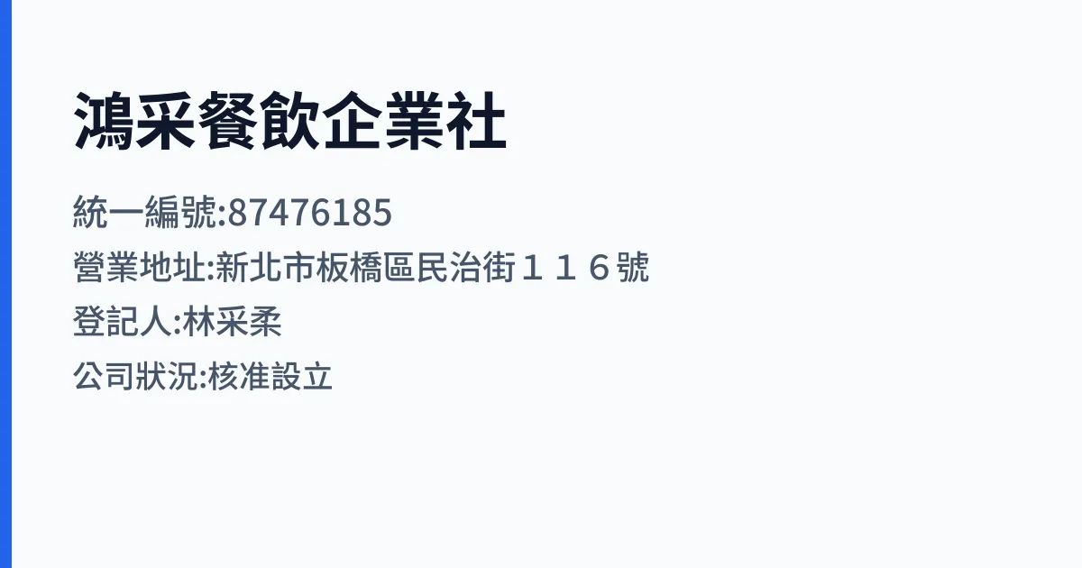 鴻采餐飲企業社 - 統編 87476185(新北市) 公司登記資料與營業項目詳細圖表