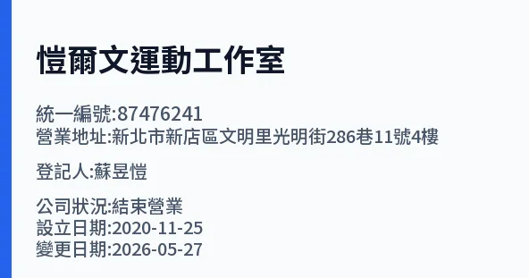 愷爾文運動工作室的照片-統編 87476241(新北市) 公司登記資料與營業項目詳細圖表