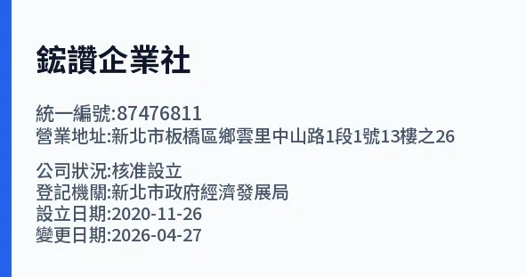 鋐讚企業社的照片-統編 87476811(新北市) 公司登記資料與營業項目詳細圖表