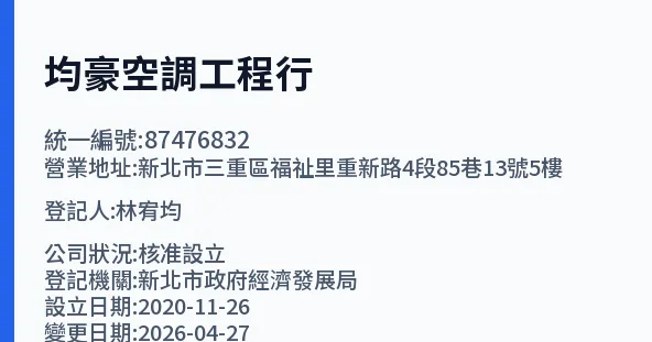 均豪空調工程行的照片-統編 87476832(新北市) 公司登記資料與營業項目詳細圖表