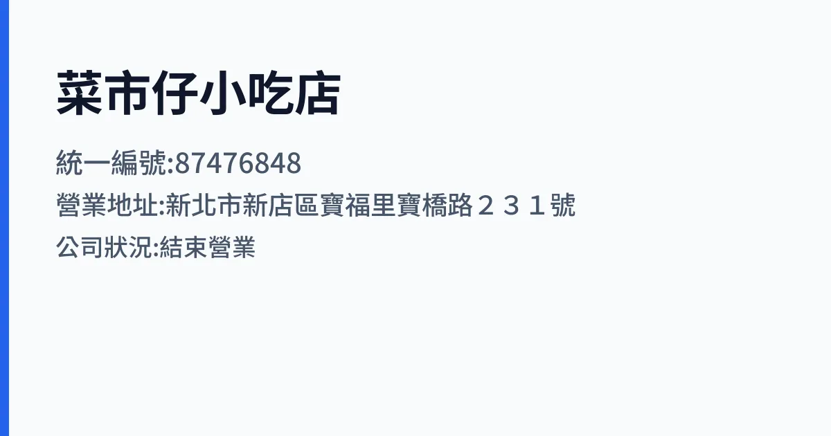 菜市仔小吃店 - 統編 87476848(新北市) 公司登記資料與營業項目詳細圖表