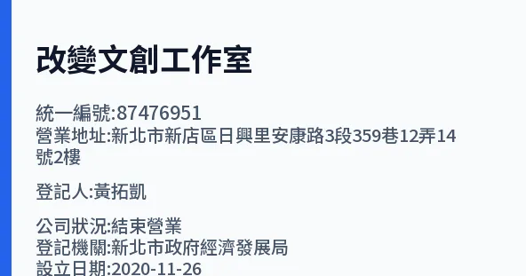 改變文創工作室的照片-統編 87476951(新北市) 公司登記資料與營業項目詳細圖表