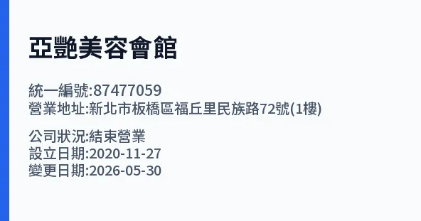 亞艷美容會館的照片-統編 87477059(新北市) 公司登記資料與營業項目詳細圖表