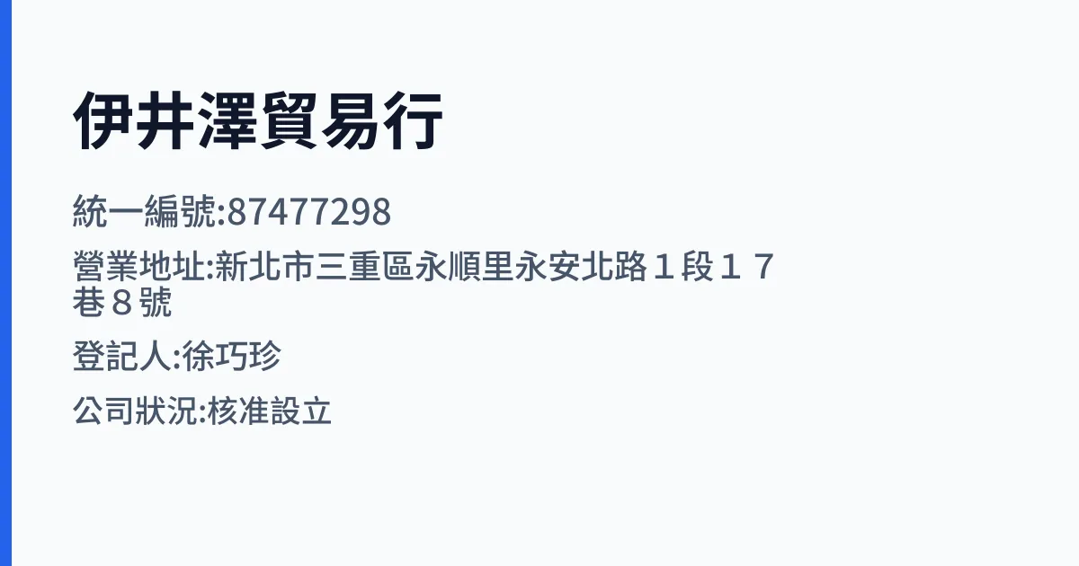 伊井澤貿易行 - 統編 87477298(新北市) 公司登記資料與營業項目詳細圖表