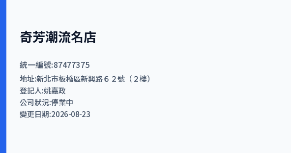 奇芳潮流名店的照片-統編 87477375(新北市) 公司登記資料與營業項目詳細圖表