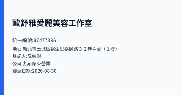 歐舒雅愛麗美容工作室的照片-統編 87477396(新北市) 公司登記資料與營業項目詳細圖表